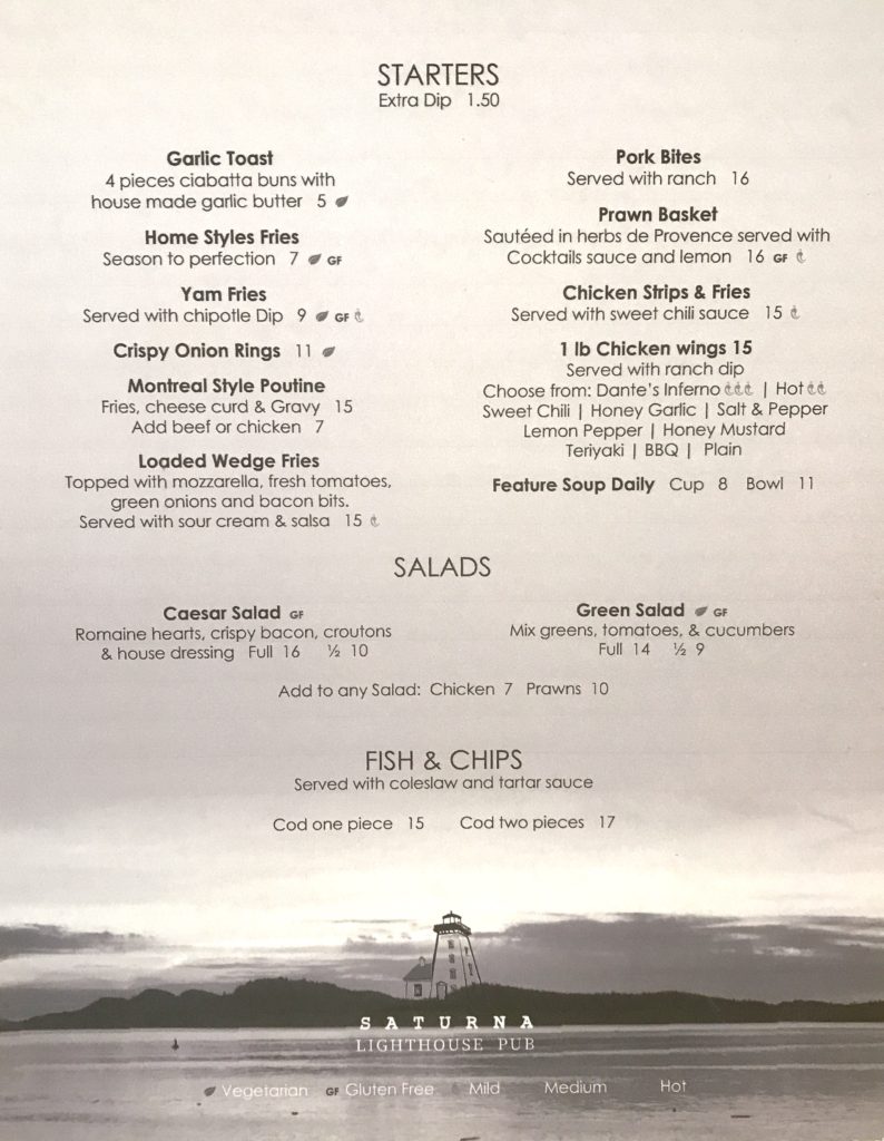 Menu | Saturna Lighthouse Pub